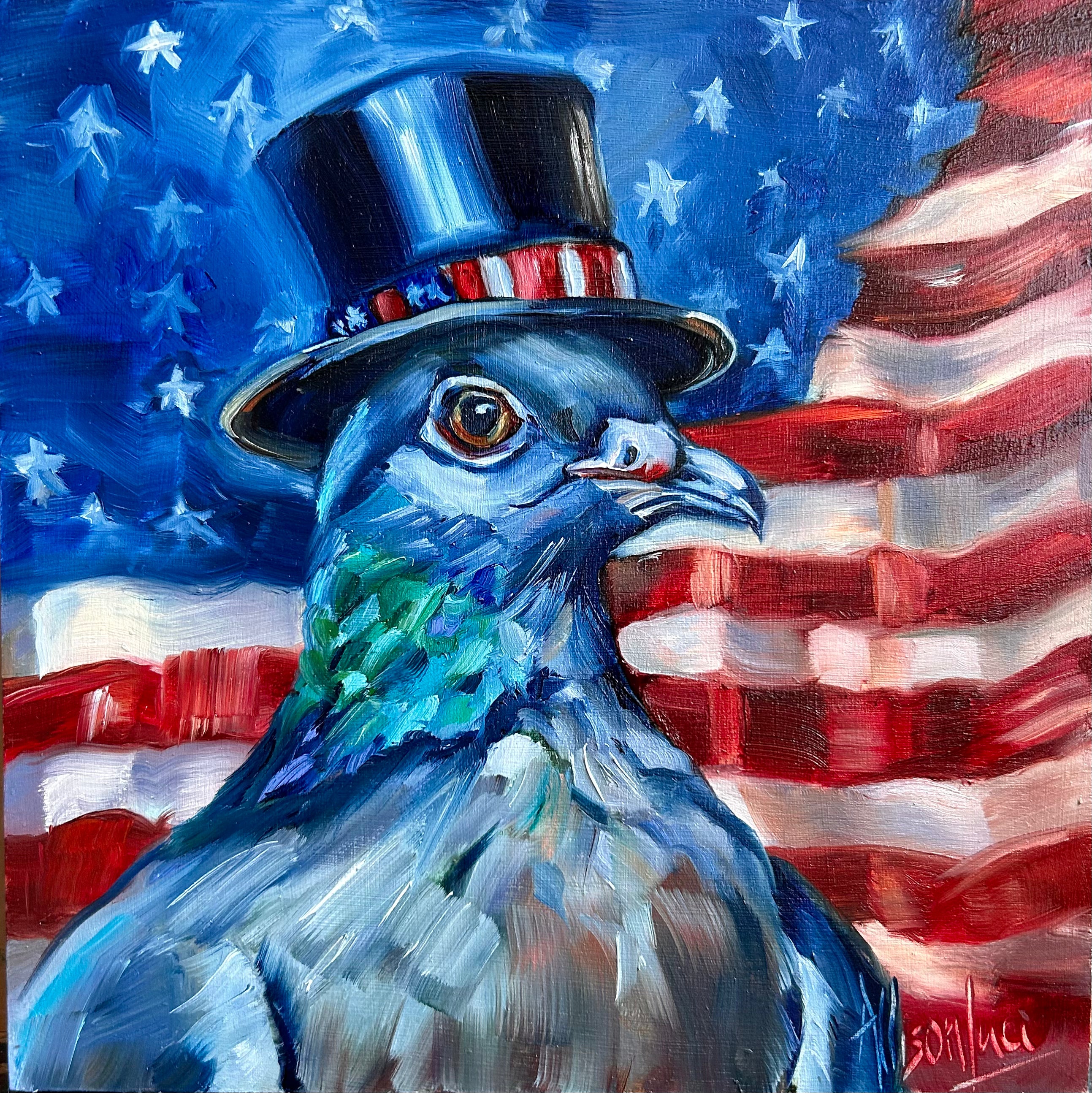 Patriotic Pigeon Original Oil Painting - 8” x 8” – Allie for the Soul