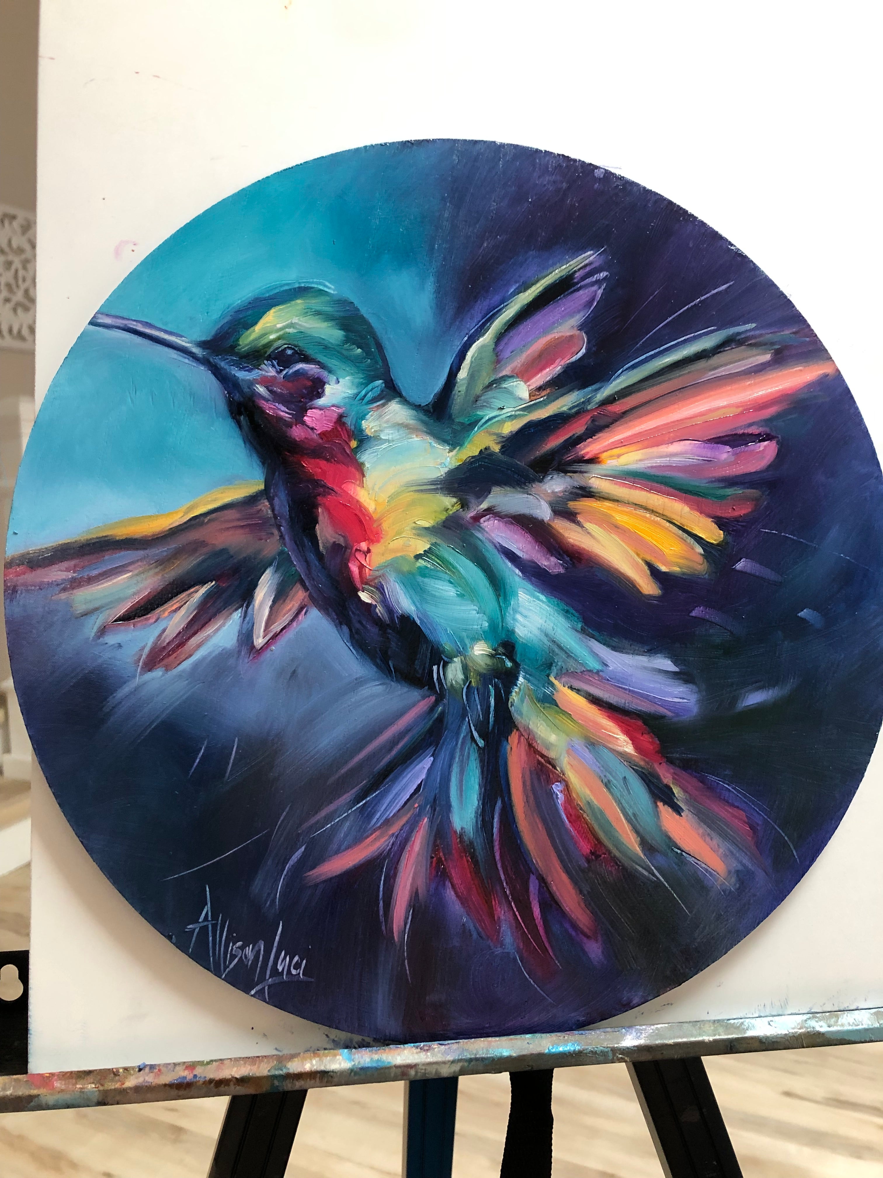 Round Hummingbird "Octavia" Original Oil Painting 12" x 12" Colorful a ...